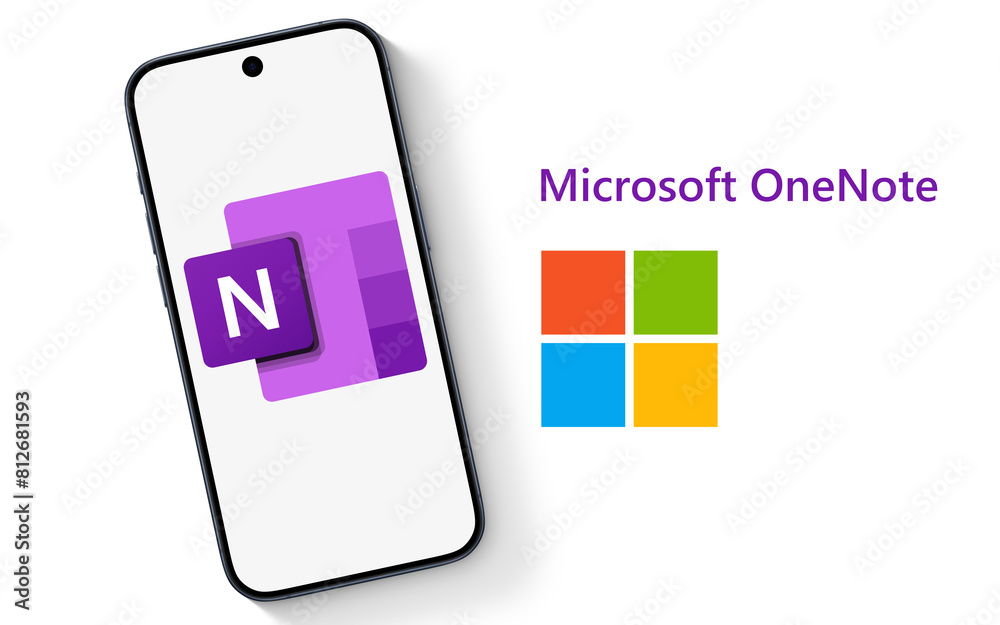 OneNote logo displayed on a modern smartphone laying on a white ...