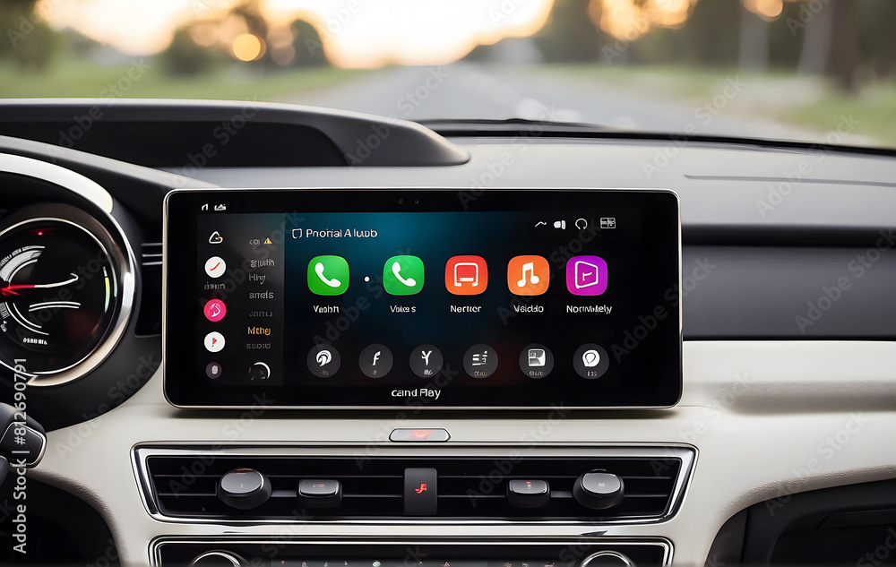 A car dashboard with an Apple carp on the display, an Android car ...