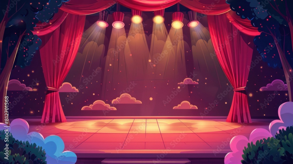A vibrant vector cartoon illustration of a theater stage, framed by ...