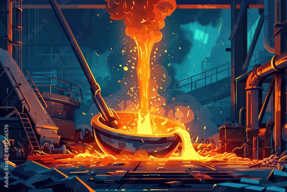 Cartoon style illustration of a factory with a large pot of hot metal ...