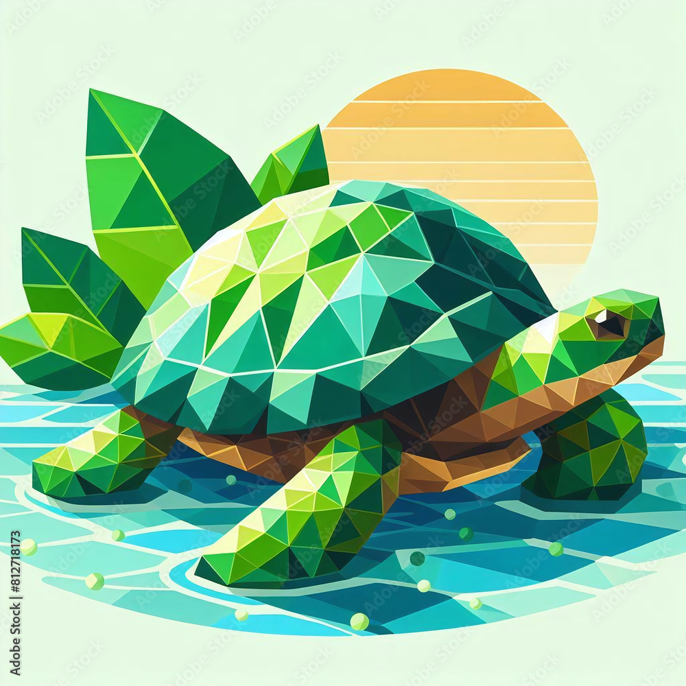 cute low-poly vector style illustration of a turtle, green, light blue ...