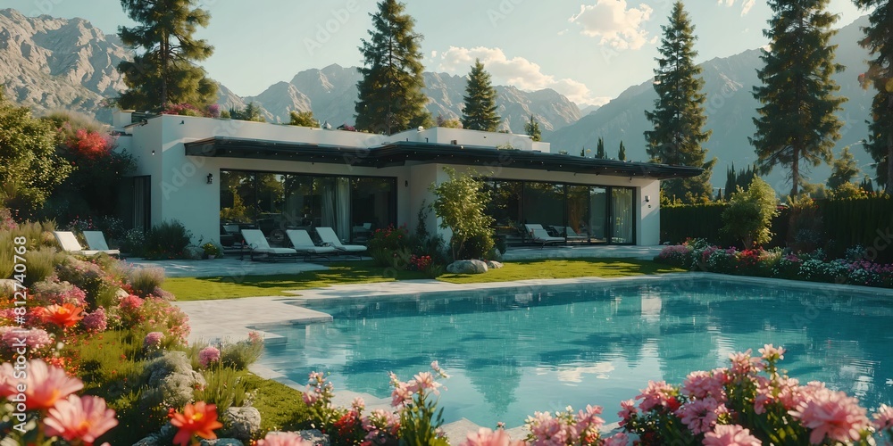 wallpaper representing a superb modern villa, with a sublime swimming ...