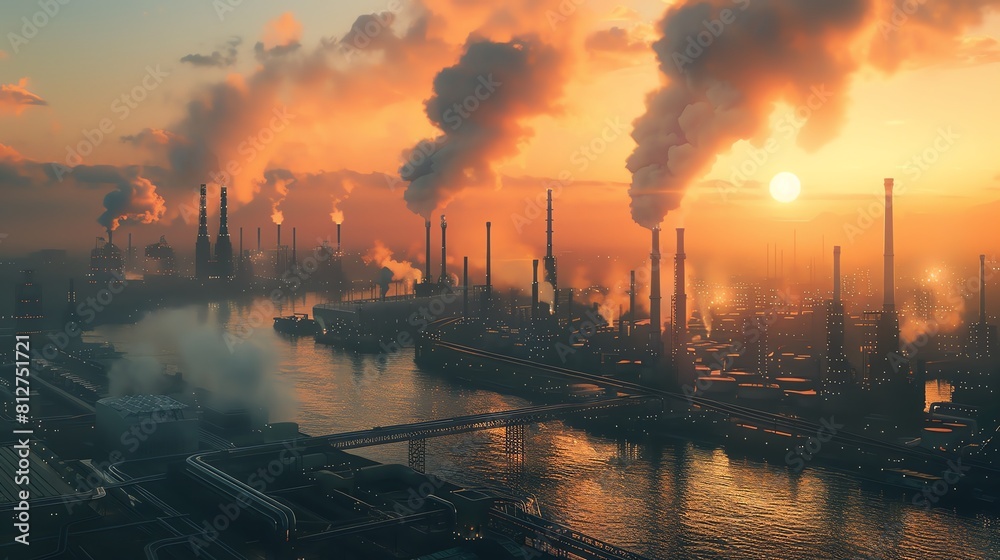 Sunrise over a futuristic factory, depicting the intersection of ...