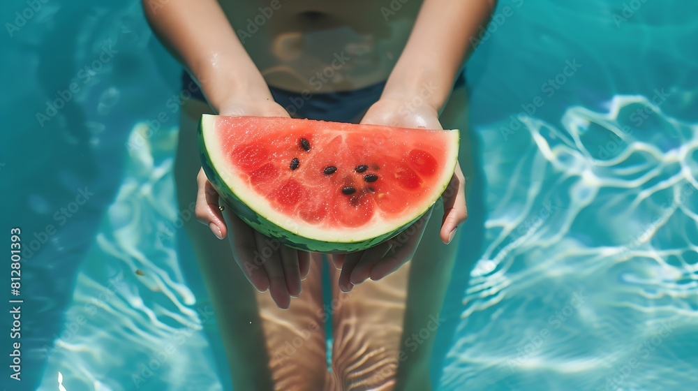 Girl holding watermelon in the blue pool slim legs instagram style ...