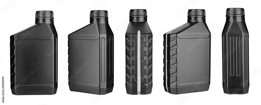 Plastic black containers for engine oil. Set from different angles ...