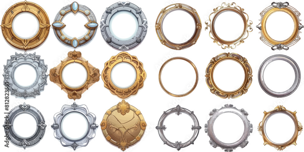Empty circle silver and gold frames in medieval style for game ui ...