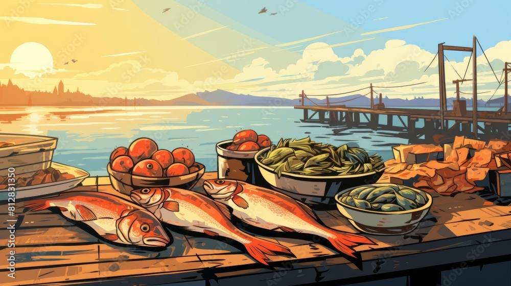Seafood catch being prepared on a dock flat design side view maritime ...