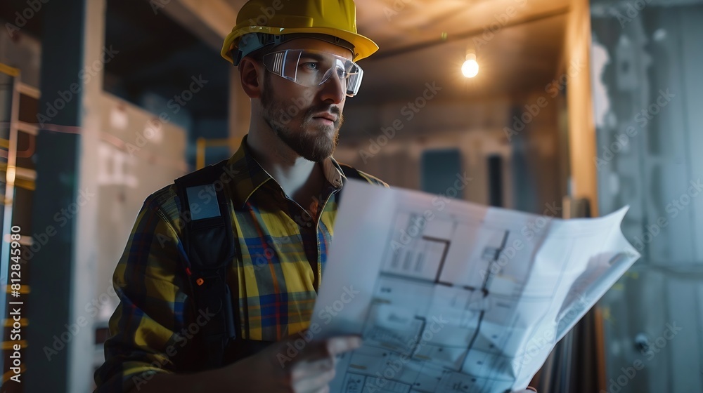 Portrait of an architect builder studying layout plan of the rooms ...