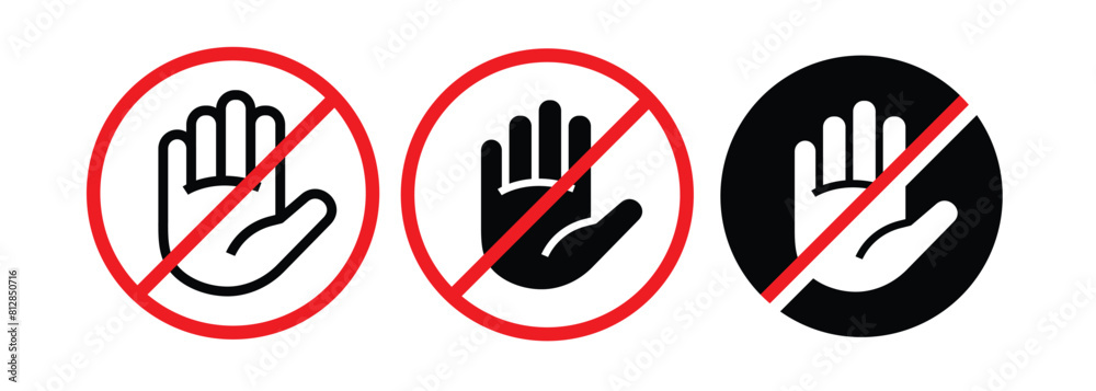 Hand palm stop sign icon. No entry. Black arm in a red crossed circle ...