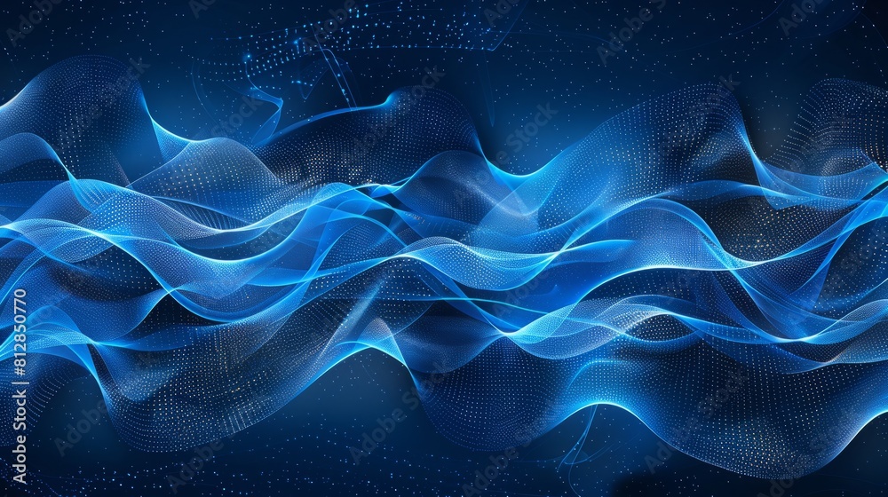 Abstract blue tech background with digital waves, dynamic network system, artificial neural ...