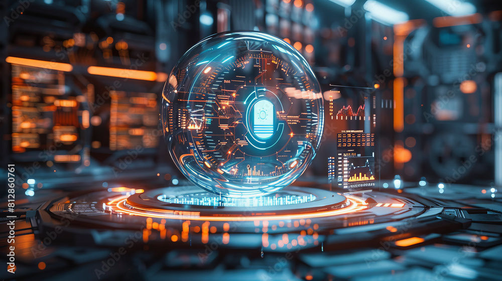 A futuristic cybersecurity concept with a holographic shield depicting data protection in a high ...