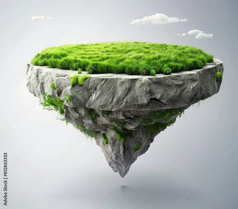 Floating slice of land with green grass surface and soil section ...