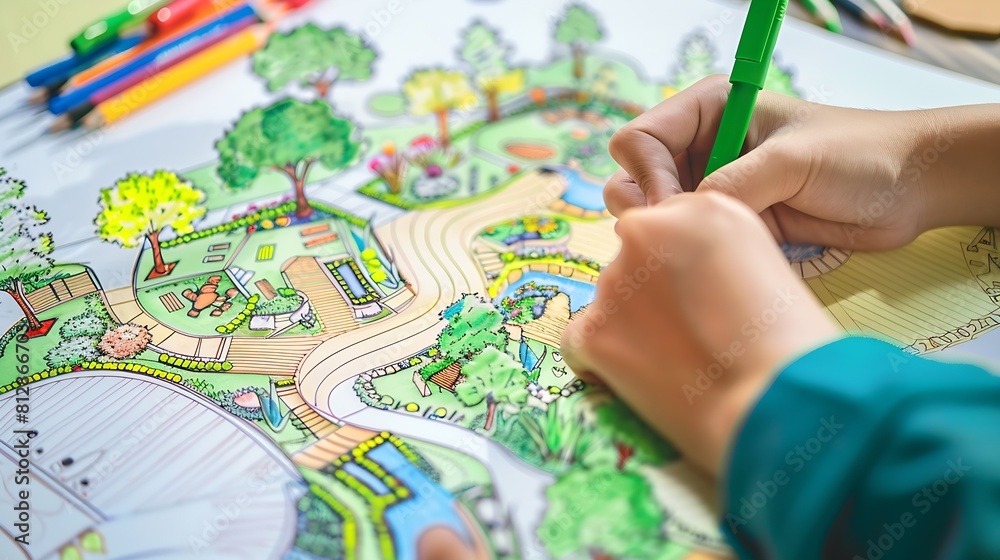 paper sheet of layout plan with hands and garden background that shown ...