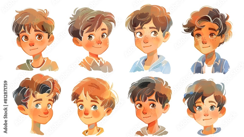 Adorable Cartoon Style Portraits of Smiling Young Boys in Various ...