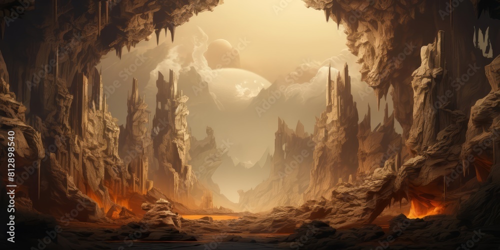 An illustration of landscape fantasy depicting an ancient valley with ...