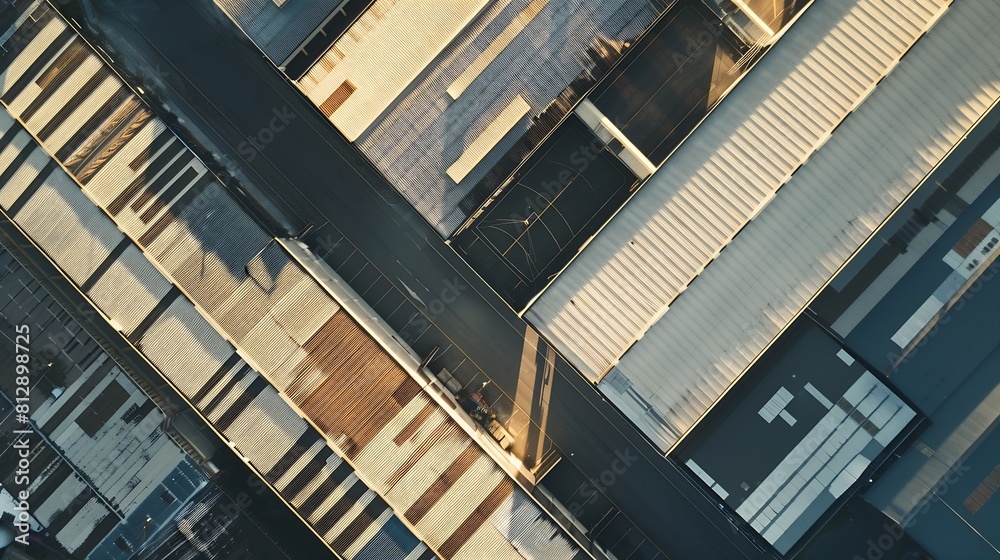 Aerial view of factory roof sheds revealing the architectural layout ...