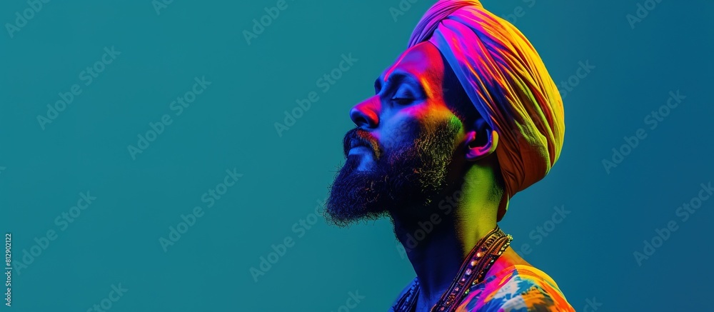 Portrait in profile of a spiritual indian yogi guru with colorful ...