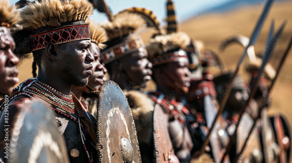 The image shows a group of African warriors in traditional dress, armed ...