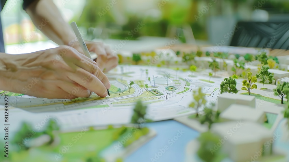 paper sheet of layout plan with hands and garden background that shown ...