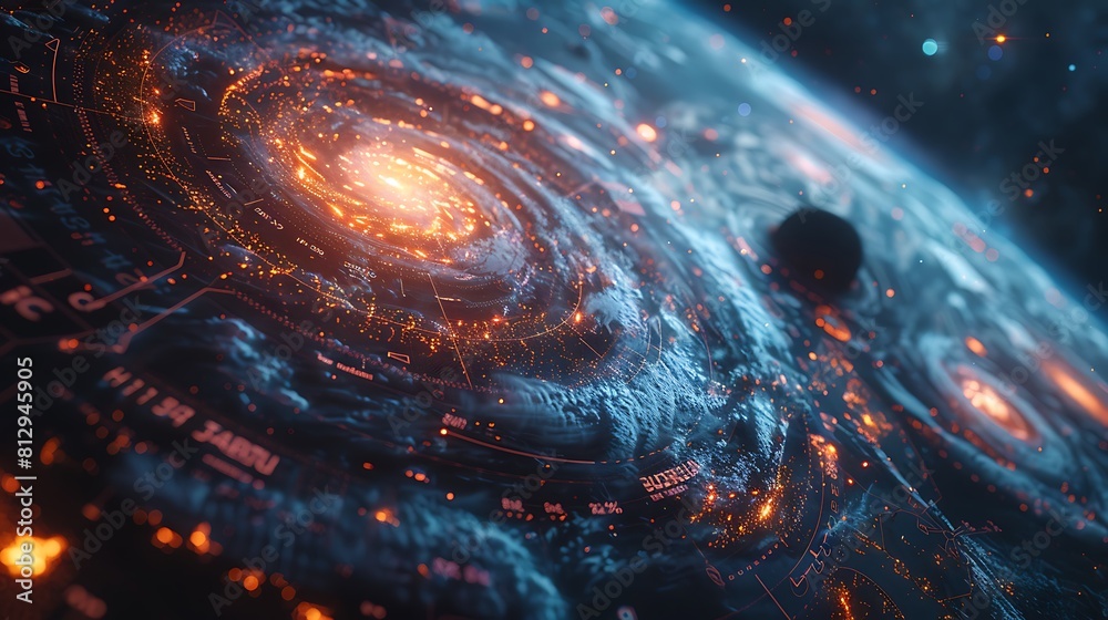 Hyperrealistic depiction of a weather analysis monitor, showing ...