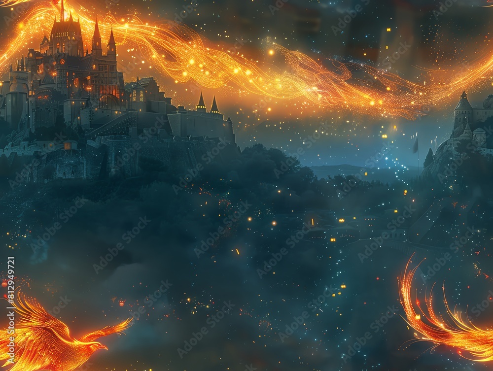 Illustrate the graceful phoenix soaring above a medieval castle ...