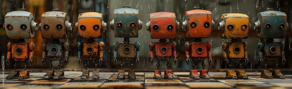 group of cute little robots standing on chessboard, all have different ...