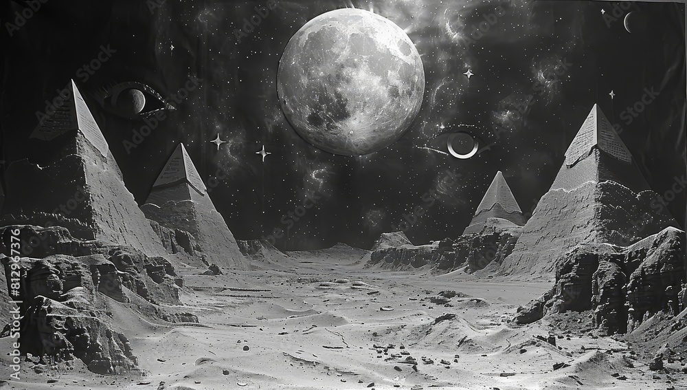 Black and white paper collage, sun rising over the mountains of sand ...