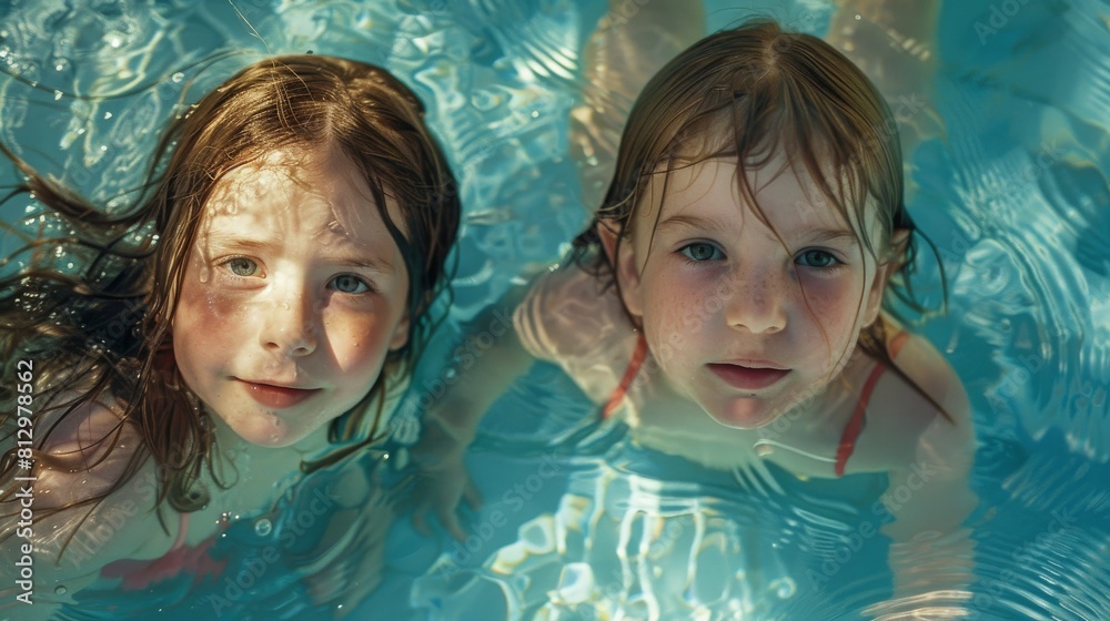 Children playing in pool. Two little girls having fun in the pool ...