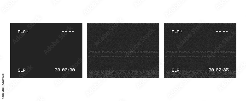 Set of Retro VHS black screens and video player interface with ...