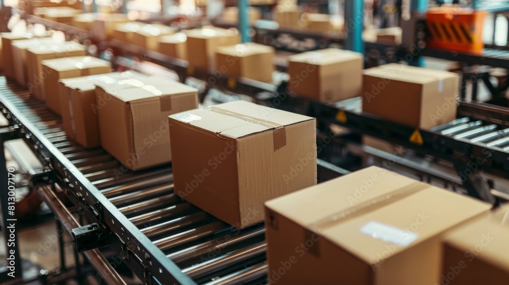 Elements of corton boxes are collected in stack. Conveyor line for the ...
