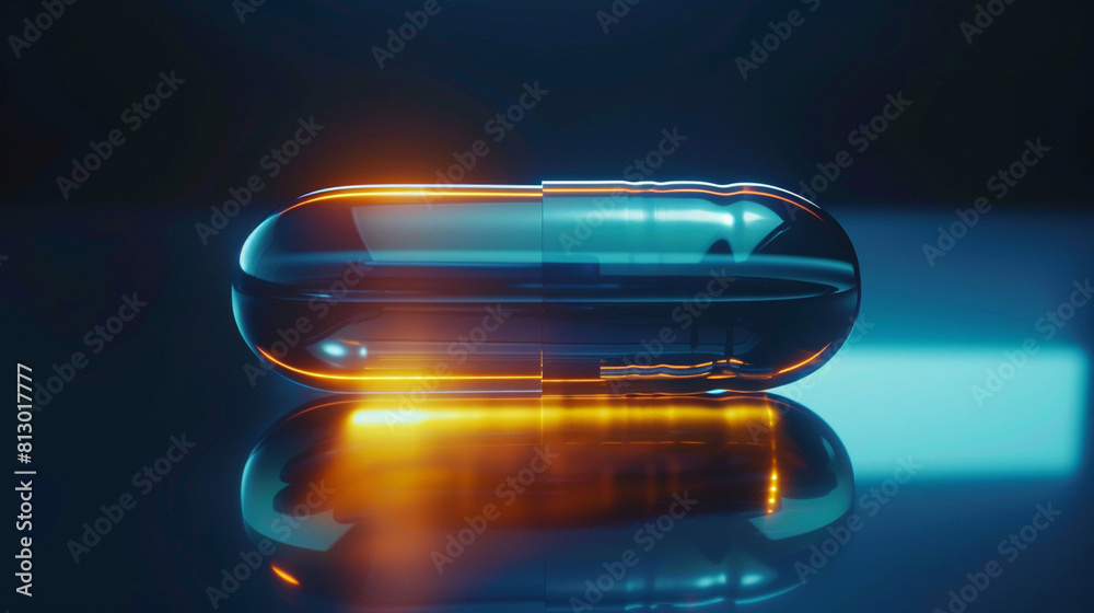 Gleaming pharmaceutical capsule in a spotlight's beam revealing its ...