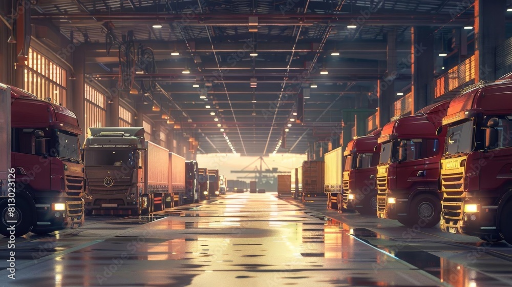 A logistic hub with trucks ready for dispatch, front view, representing efficient transportation ...