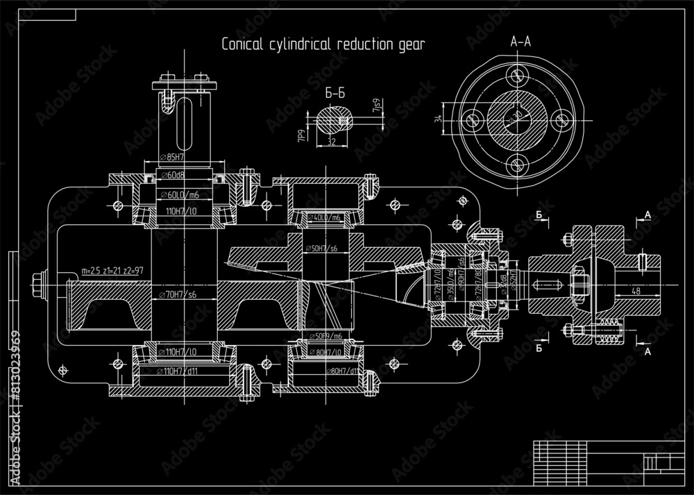 Assembly drawing of reducer. Vector drawing of steel mechanical device ...