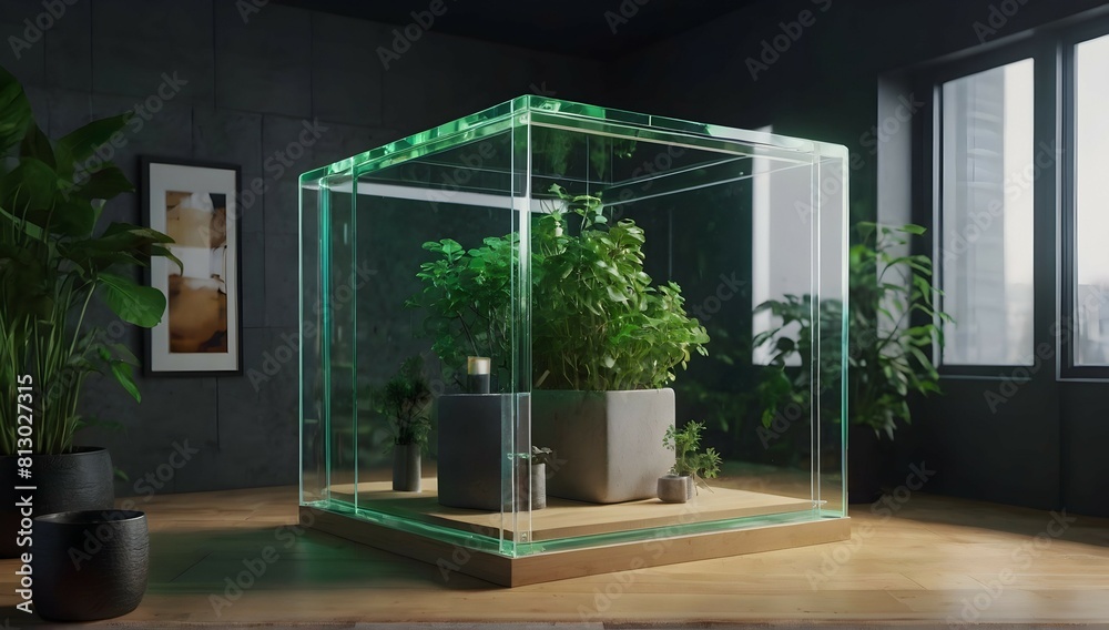 Cube, 4k, small modern house inside cube!, clear plastic, iridescent ...