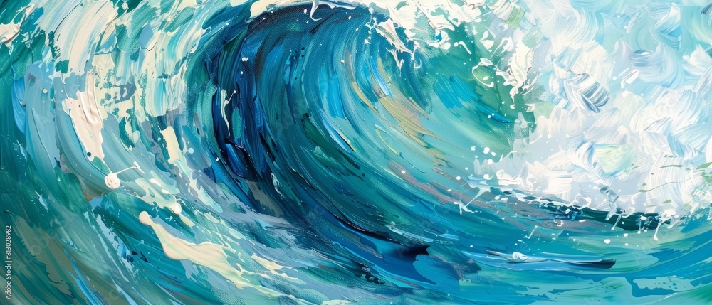 An abstract ocean wave in vibrant blue and teal, rendered in oil paint ...