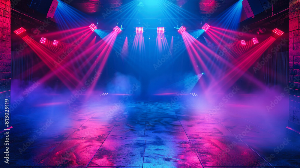 Colorful portrayal of an empty dance club interior with neon and purple ...