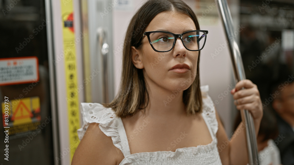 Beautiful hispanic woman with glasses standing, waiting amidst subway ...