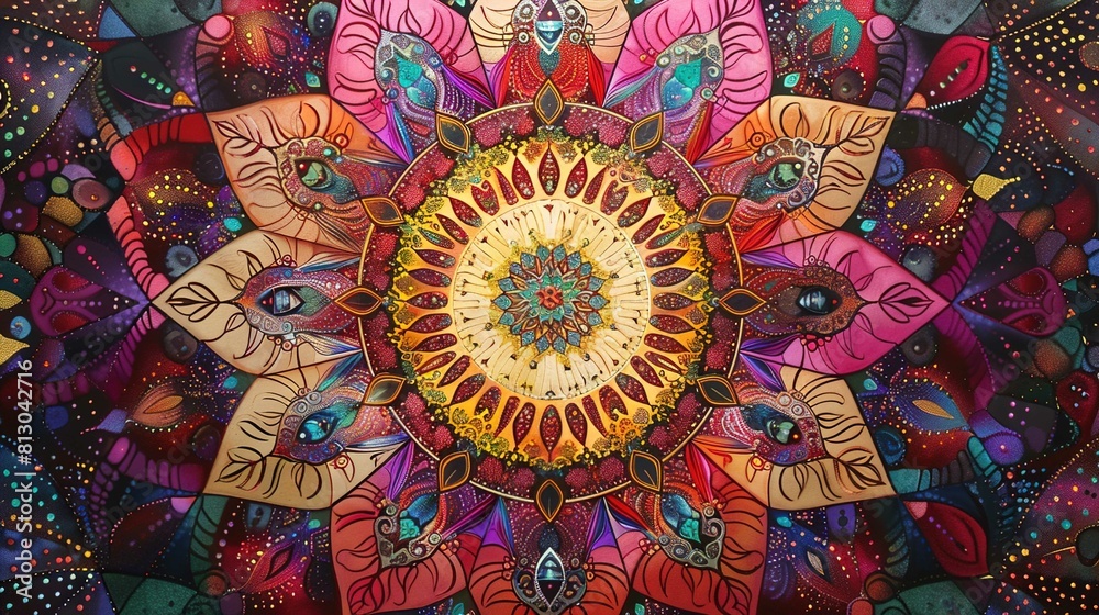 The image features a vibrant and detailed mandala with an array of ...