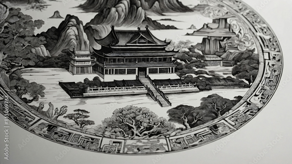 Black ink Illustration of ancient china, white background for coloring ...