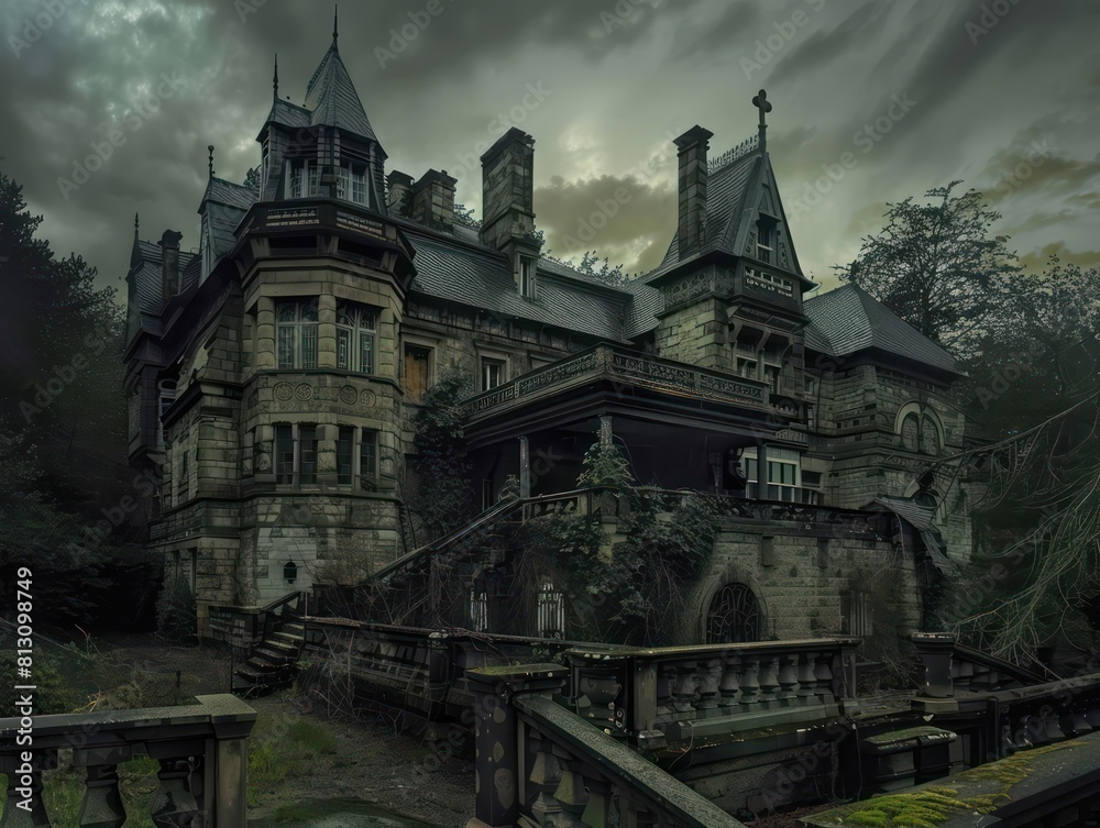 scary abandoned and haunted ruined gothic mansion, baroque architecture ...