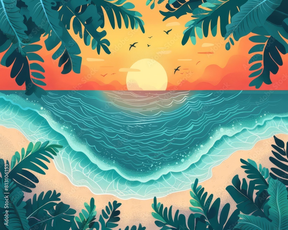 Tropical paradise flat design top view sunset beach movie night theme ...