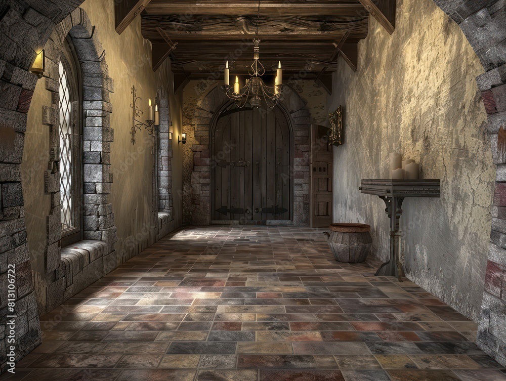 entrance hall inside a medieval castle Stock Illustration | Adobe Stock