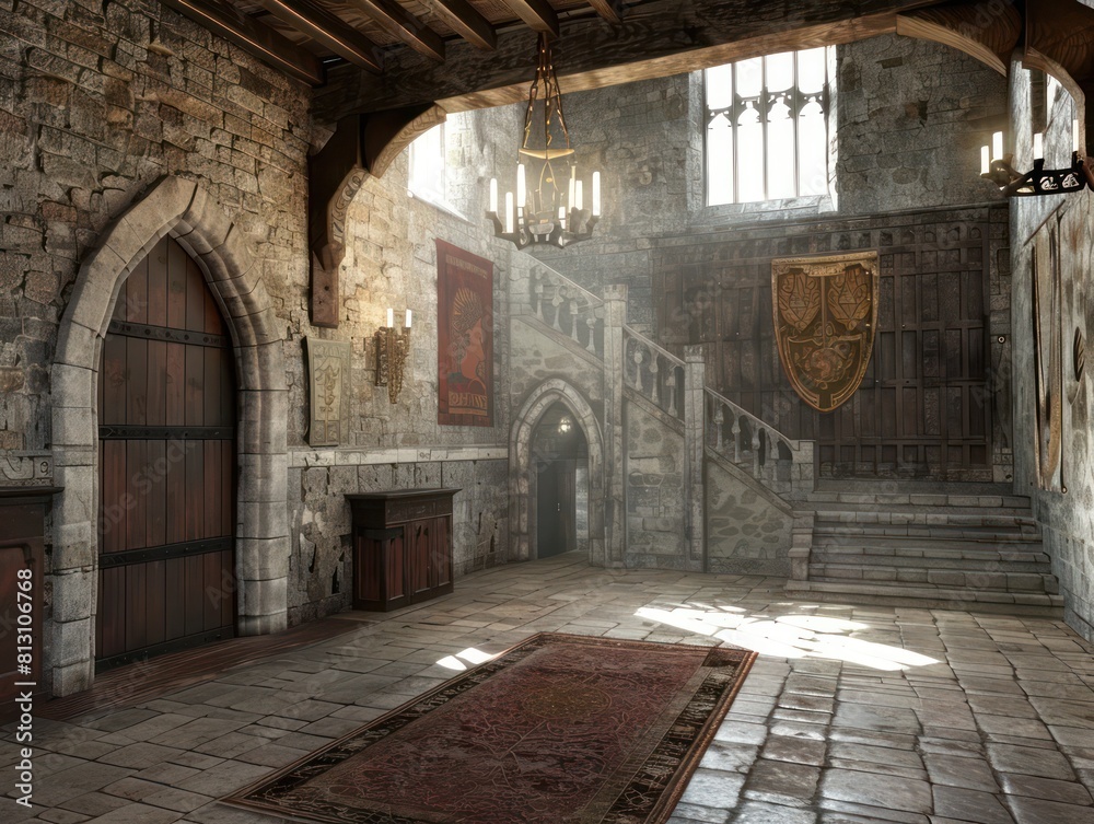 entrance hall inside a medieval castle Stock Illustration | Adobe Stock