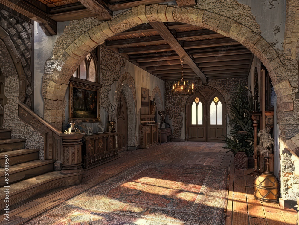 entrance hall inside a medieval castle Stock Illustration | Adobe Stock