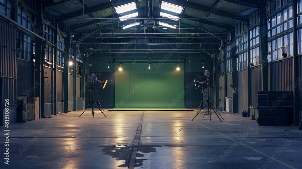 Empty film production shed with green screens and lighting rigs all set ...
