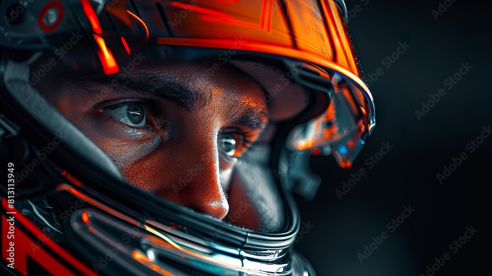 In an impressive close-up, an F1 driver with eyes focused with palpable ...