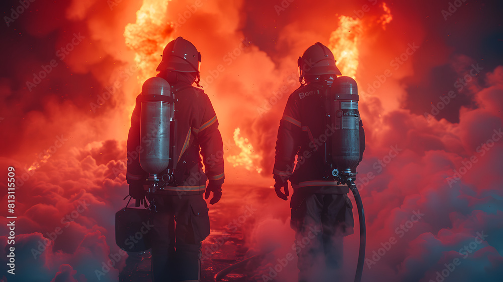 Two firefighters standing back-to-back in intense smoke and fire ...