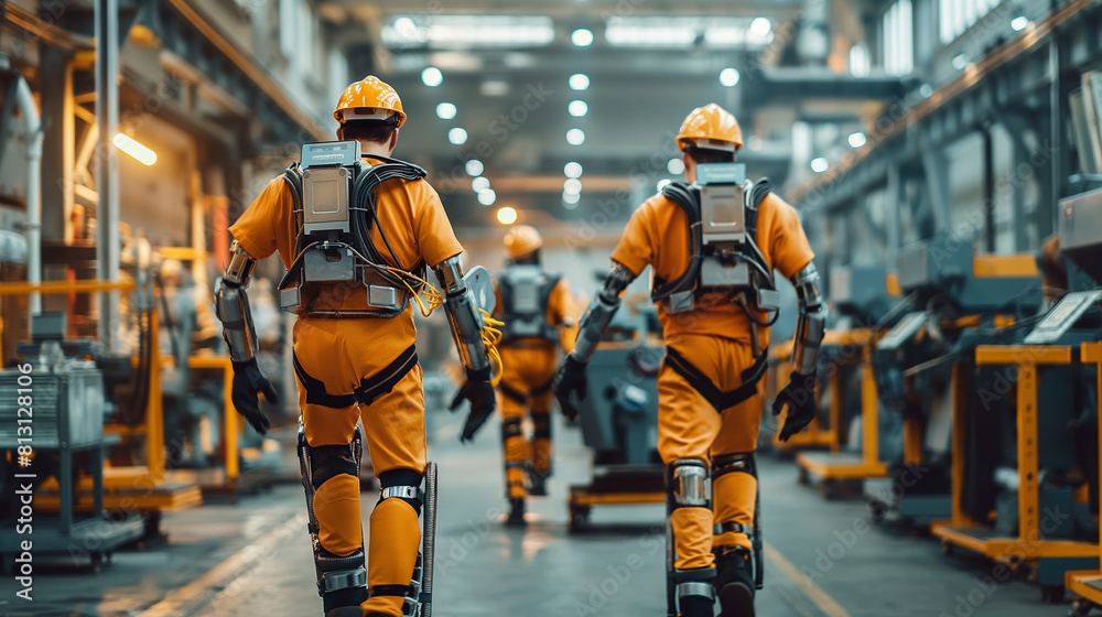 Workers using exoskeleton suits for ergonomic support in a factory ...