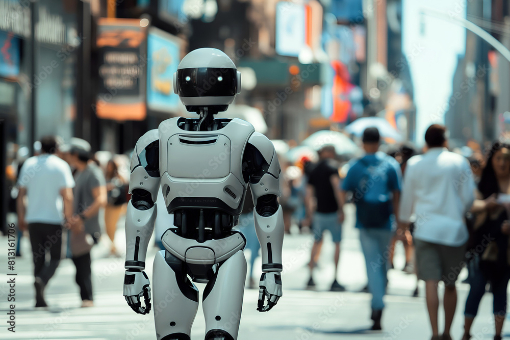 AI Robot Roaming The Streets Of New York City, Futuristic Technology ...