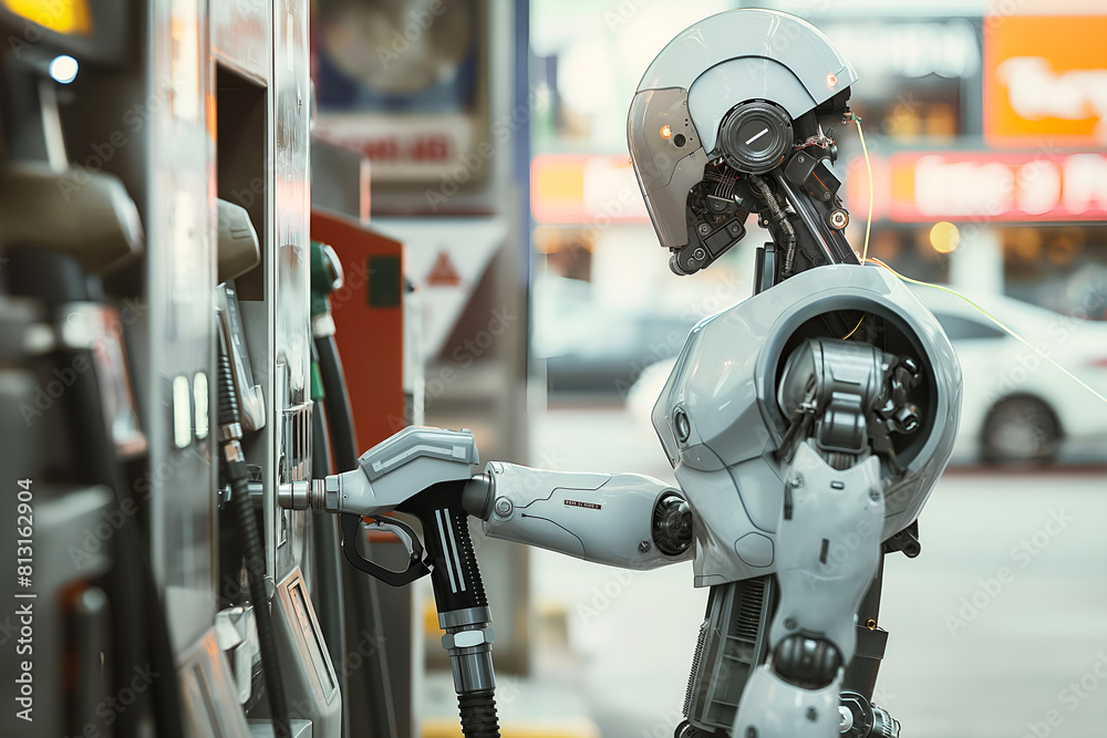 AI Robot Filling Gas For A Human At A Gas Station, Futuristic ...